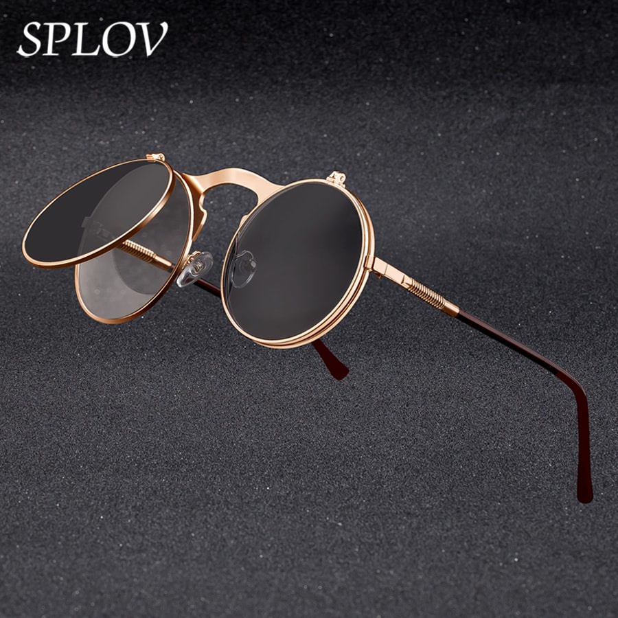 ۞ Splov Vintage Steampunk Flip Sunglasses Retro Round Metal Frame Sun