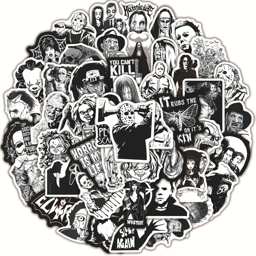 ☁10/30/50pcs Cool Black White Thriller Horror Movie Stickers DIY Toys ...