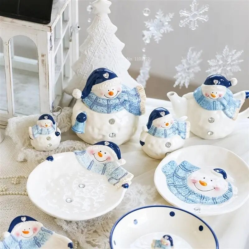 Christmas Cute Snowman Dinner Plate Snack Bowl Ceramic Teapot Ornament ...