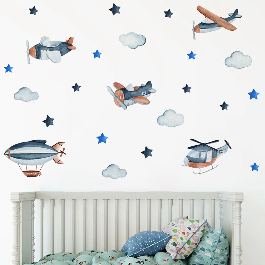 Cartoon Flight Airplanes Plane Watercolor Wall Stickers for Nursery ...