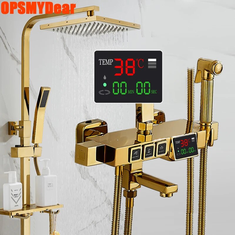 Digital Shower Set Bathroom Smart Thermostatic Gold Shower System Wall ...