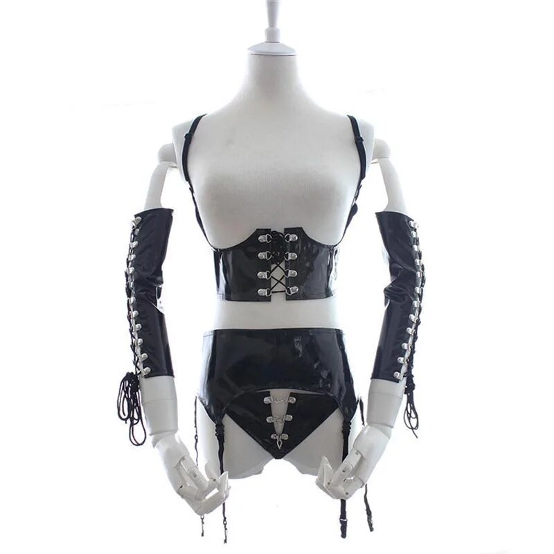 76c Sexy Pvc Leather Mistress Costume Set Wet Look Under Bust Corset