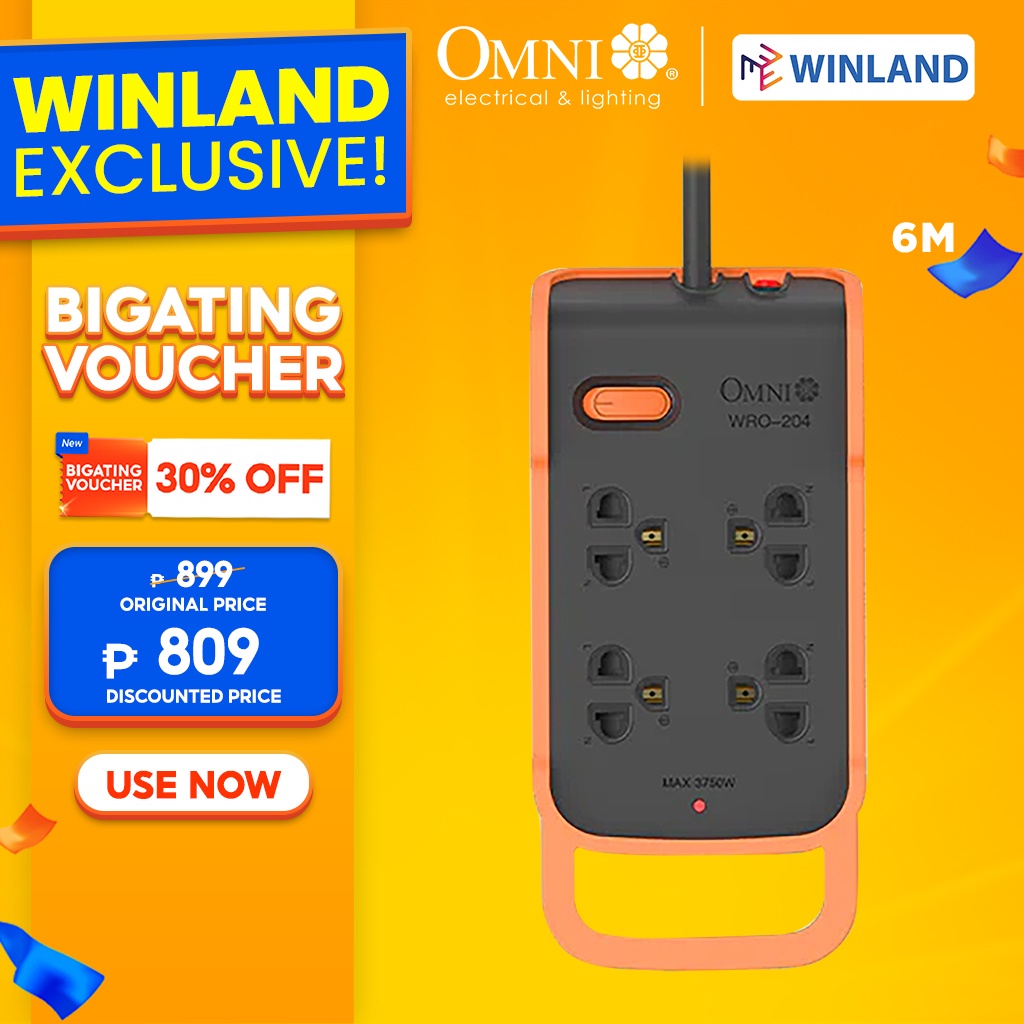 Omni by Winland Heavy Duty 4-Gang Extension Cord 6m 250V~ / 15A / 3750 ...