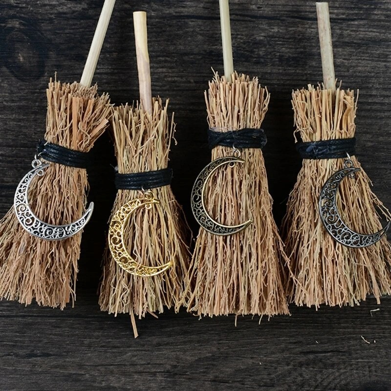 Mini Broom Straw Witch Brooms with Moon Skull Pendant Decorations for ...