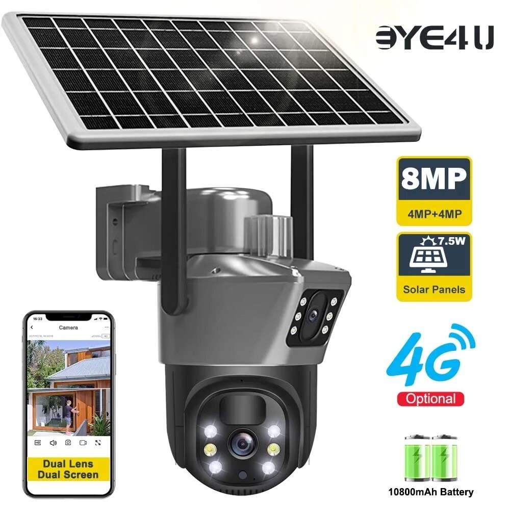 4K 8MP 4G Dual Lens Camera Dual Screens With Solar Panel PIR Human Detection Outdoor WiFi PTZ ...