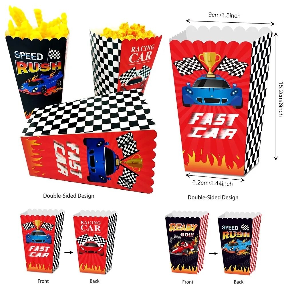 6pcs Race Car Popcorn Treat Boxes Checkered Flags Black and White ...