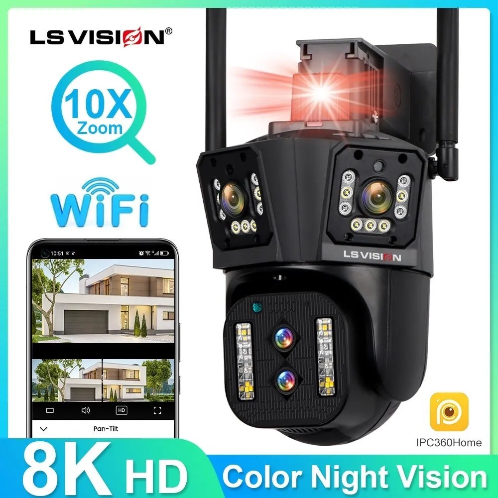 LS VISION 8K 4x4MP IP Camera Outdoor WiFi PTZ CCTV Security Camera Multi Lens Three Screen 10X ...