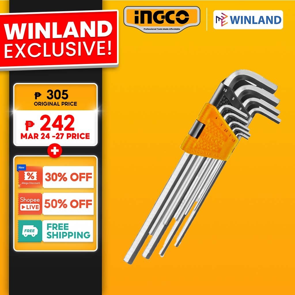 Ingco by Winland Extra-Long Arm 9pcs Hex Allen Key Set with CR-V ...