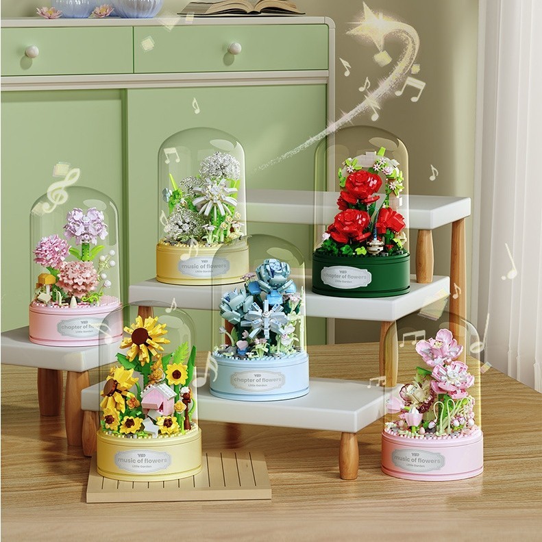 JAKI TOYS Flower Music Box Building Blocks Sunflower Rose Music Box ...