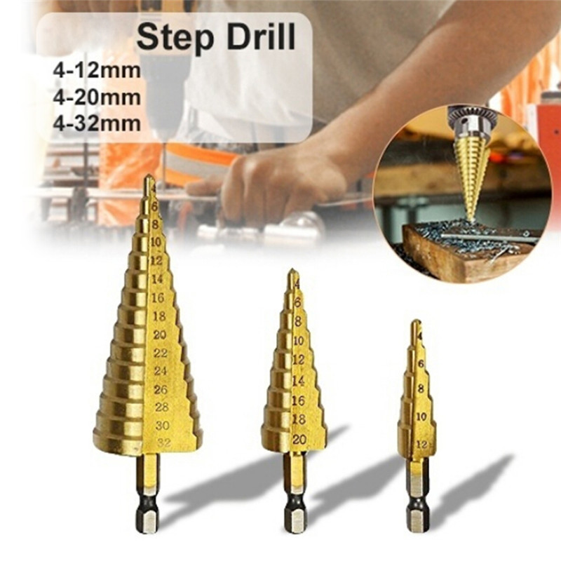 ⊹1pcs 4-12/20/32mm Large HSS Steel 4241 Steel Step Cone Drill Titanium Bit Set Hole Cutter Hex C ...