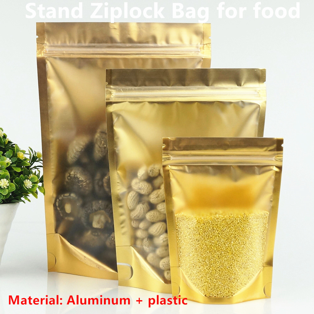 100pcs Inner Gold Standing Up Aluminum Foil Zip Lock Bags with One Side ...