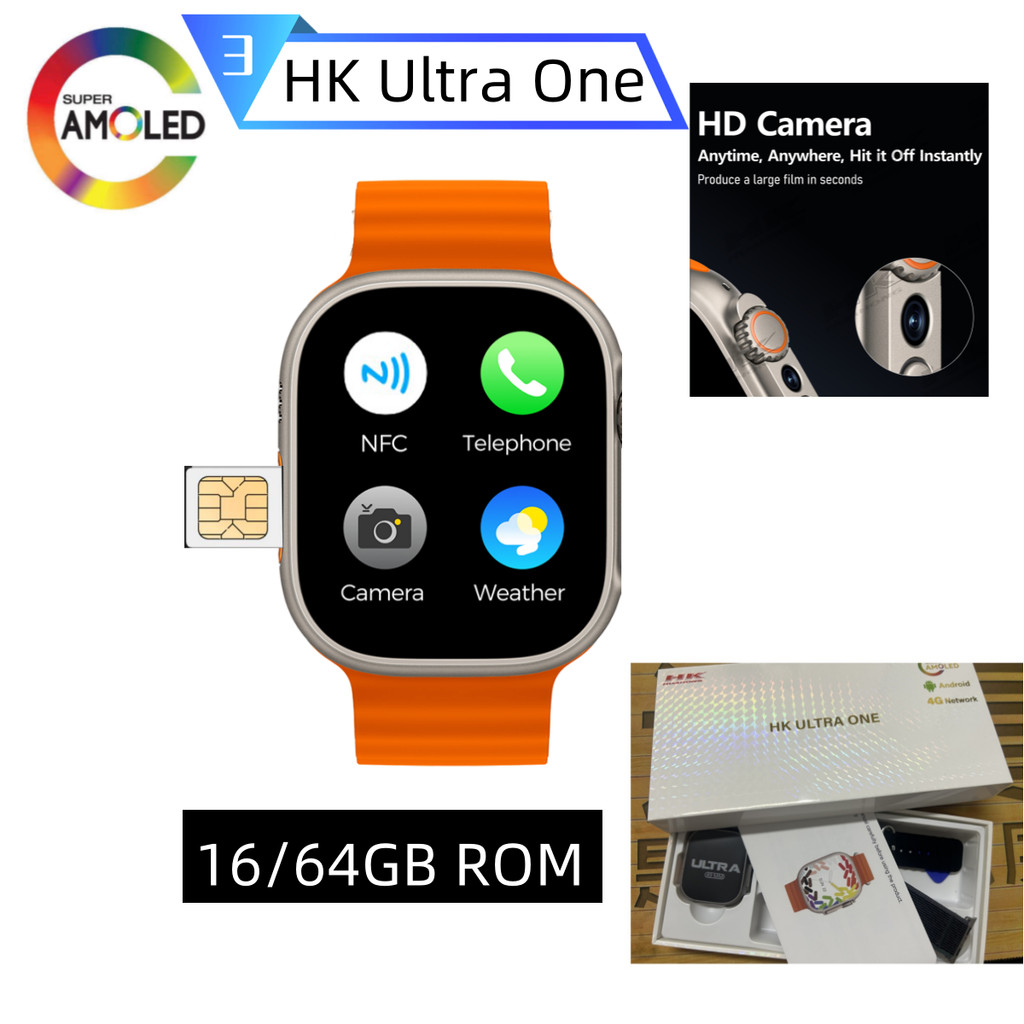 웃HK Ultra One AMOLED 4G Smartwatch with Camera 8GB + 128GB S9 Android ...