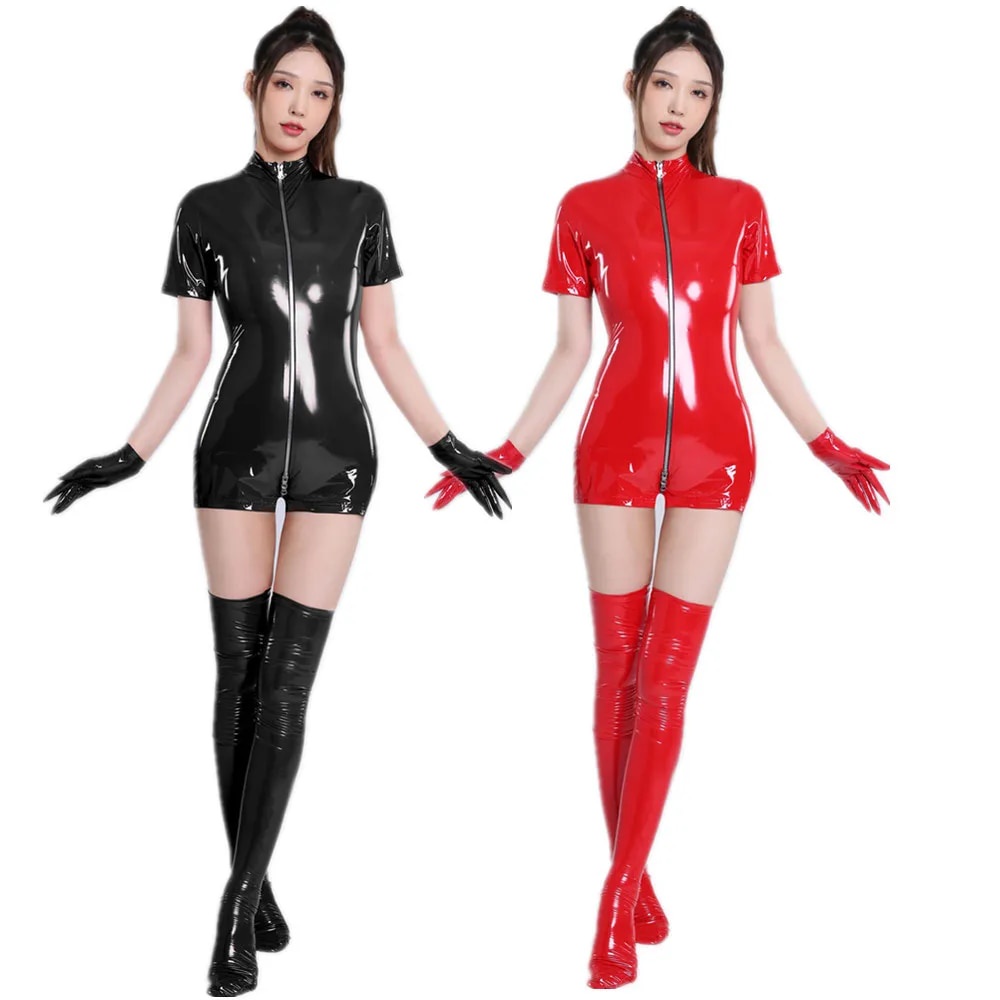 10u Sexy Wetlook Faux Leather Catsuit With Gloves And Stocking Pvc