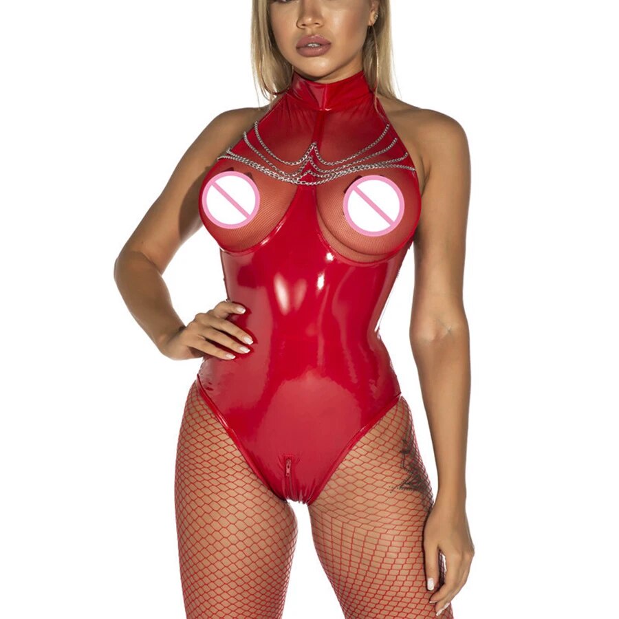 15i Sexy Wetlook Faux Leather Catsuit Pvc Latex Bodysuit Hollow Out