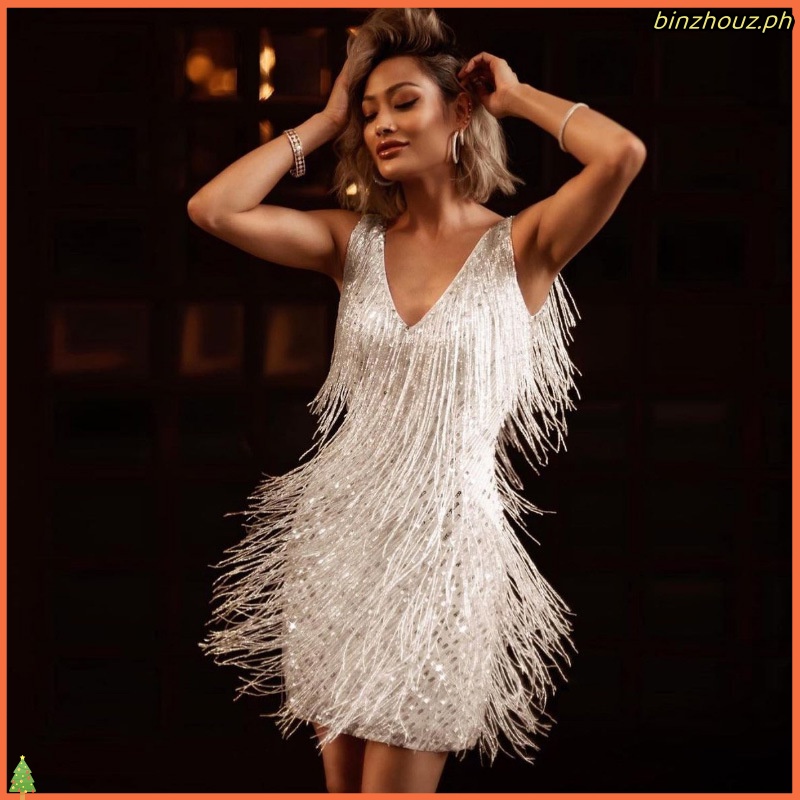 [glowingbrightly] Women Tassel Dress Sleeveless V Neck Backless Dresses ...