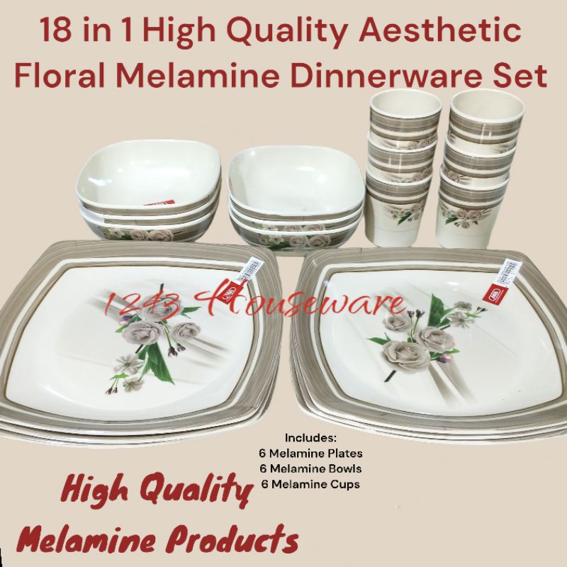 18 in 1 High Quality Aesthetic Floral Melamine Dinnerware Set (SQUARE ...