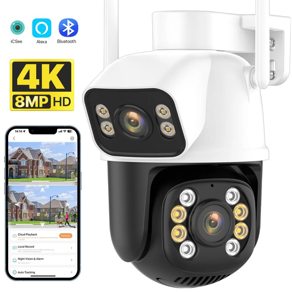 8MP 4K PTZ IP Camera Dual Lens Dual Screen iCSee Wifi PTZ Camera 4MP HD AI Auto tracking ...