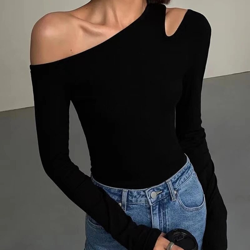 13s Sexy Long Sleeved Knitted Shirt Off The Shoulder 2023 Women T Shirt