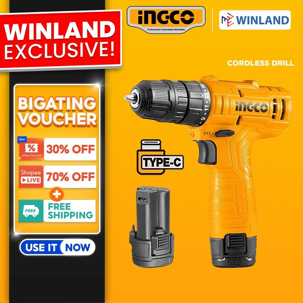 Ingco by Winland LI-ION S12 Series Cordless Drill 12V port & USB Type-C ...
