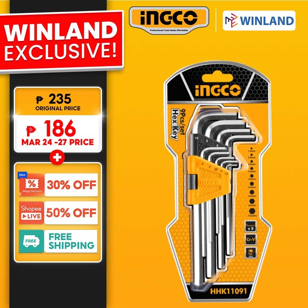 Ingco by Winland Tool Long Arm 9pcs Hex Allen Key Set w/ CR-V Material ...