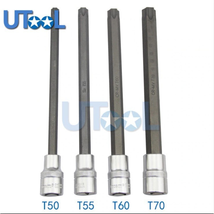 T50 / T55 / T60 / T70 Socket 1/2" Drive Torx Star Bit Extra Long 200mm ...