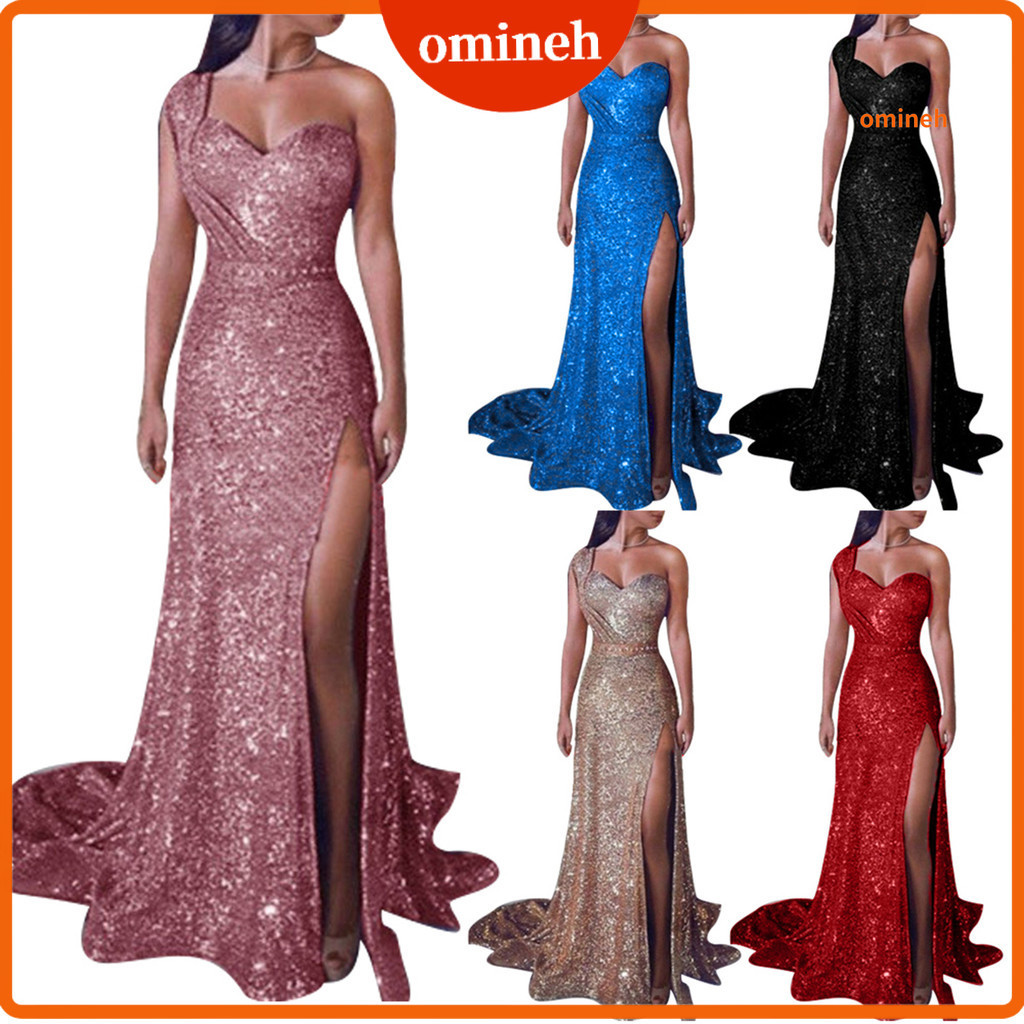 Club Party Women Sexy Plus Size Sequined One Shoulder Split Maxi Evening Dress | Shopee Philippines
