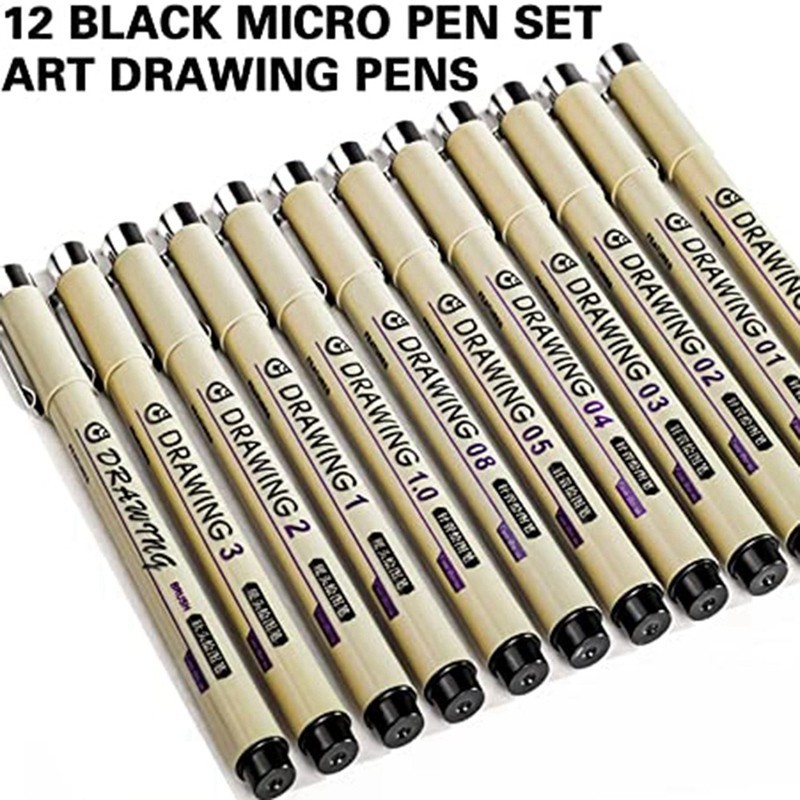 12 PCS Painting Art Pens Black Fine Line Waterproof Ink Set Drawing ...