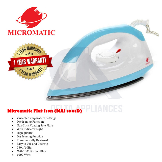 Micromatic Flat Iron (Dry Iron) Non Stick Sole Plate Original w/ 1 Year ...