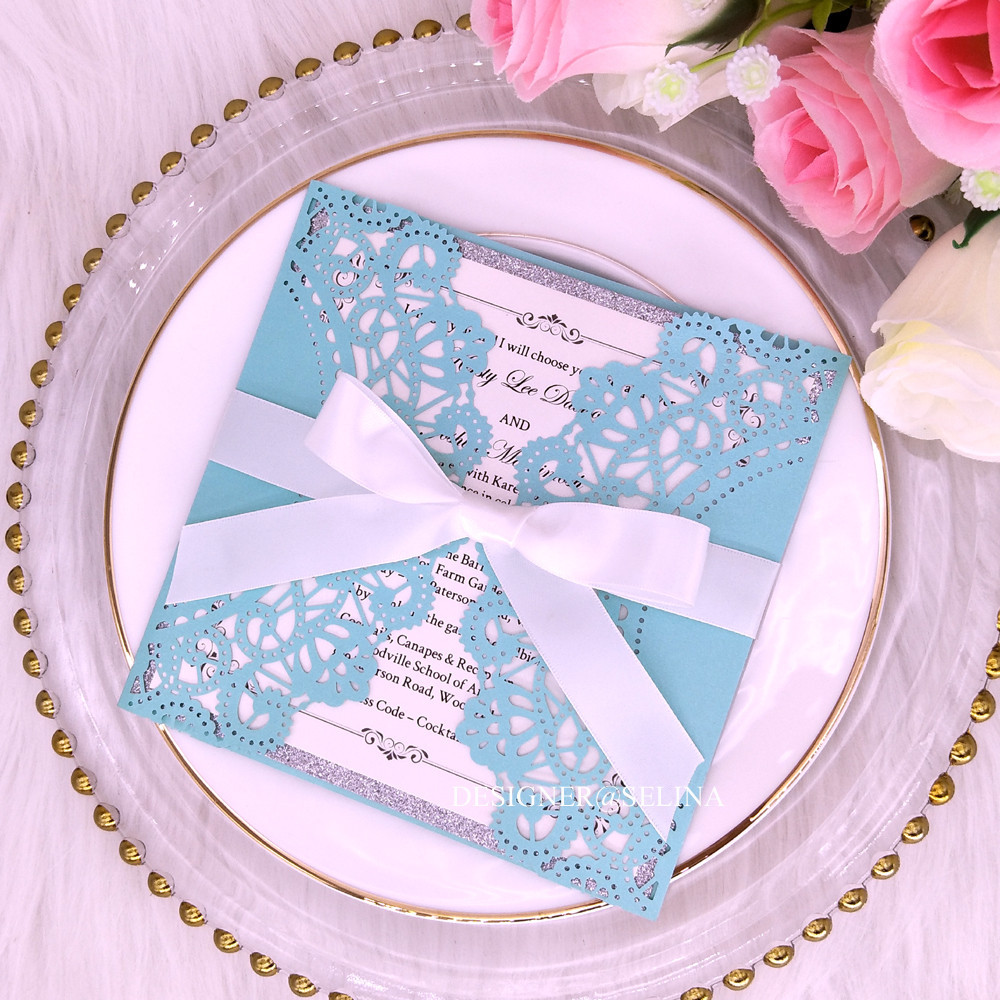 50PC Shiny Laser Cut Wedding Invitation Card with Ivory Ribbon, Many ...