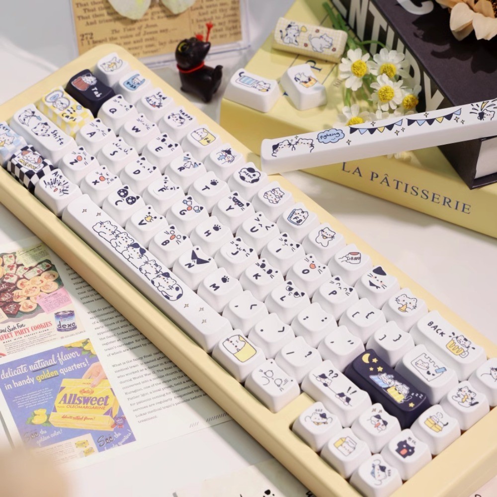 웃ECHOME Cow Cat Theme Keycap Set PBT Custom Cute Black and White Kitten ...