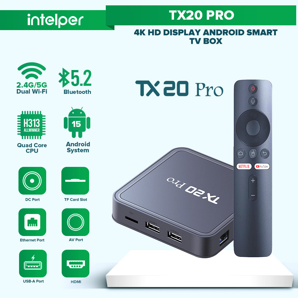 Intelper TX20 Pro 16+256GB Android 14 TV Box 12K HD Voice Remote 5G Dual WiFi LED Digital ...
