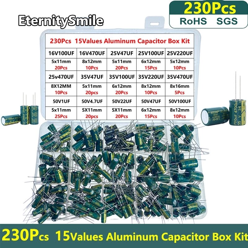 230Pcs/Box Capacitor Kit Aluminum Electrolytic Capacitors Set 15Values 16V 25V 35V 50V 1uF-470uF ...
