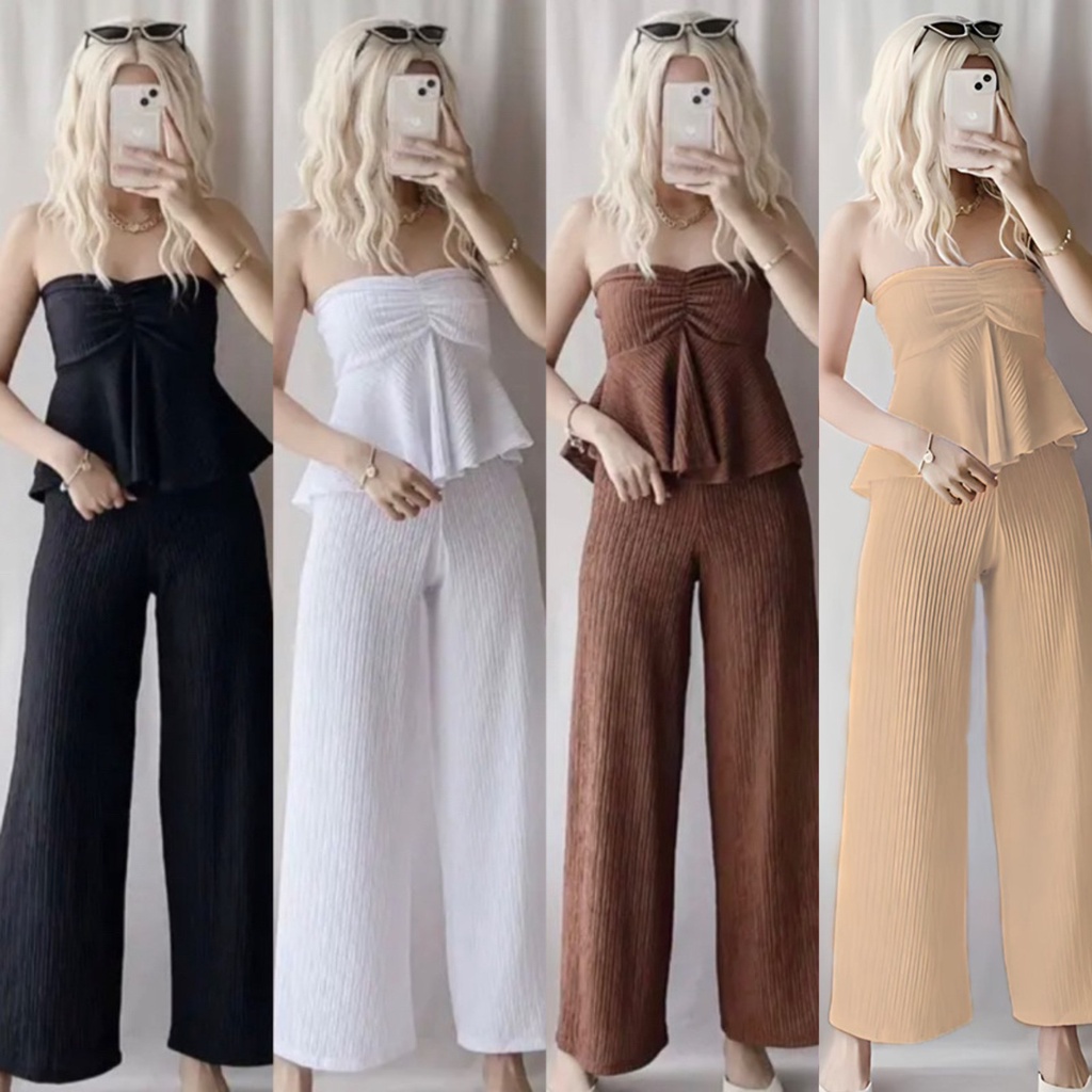 VAMPIRE 21A0034 Chic Bark Crepe Flowy Flared Ruffle Tube Top and High ...