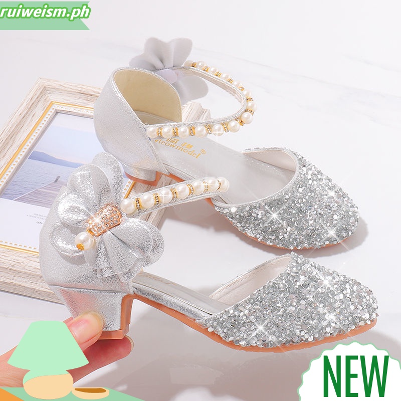 Girls High Heel Princess Shoes Model Catwalk Show Leather Shoes Silver ...