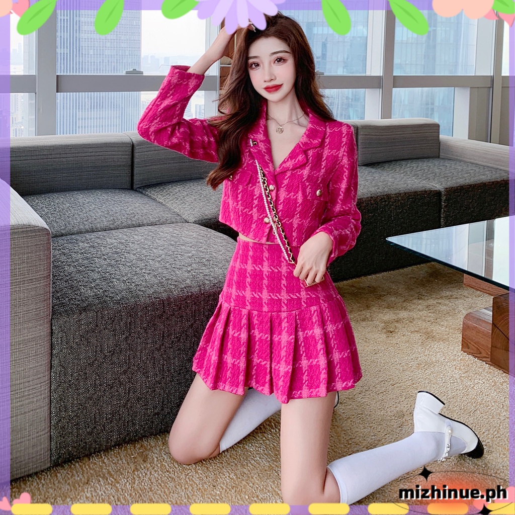 Long-sleeved Korean Fashion Coat Top + Pleated Slim Skirt Tweed Thick ...
