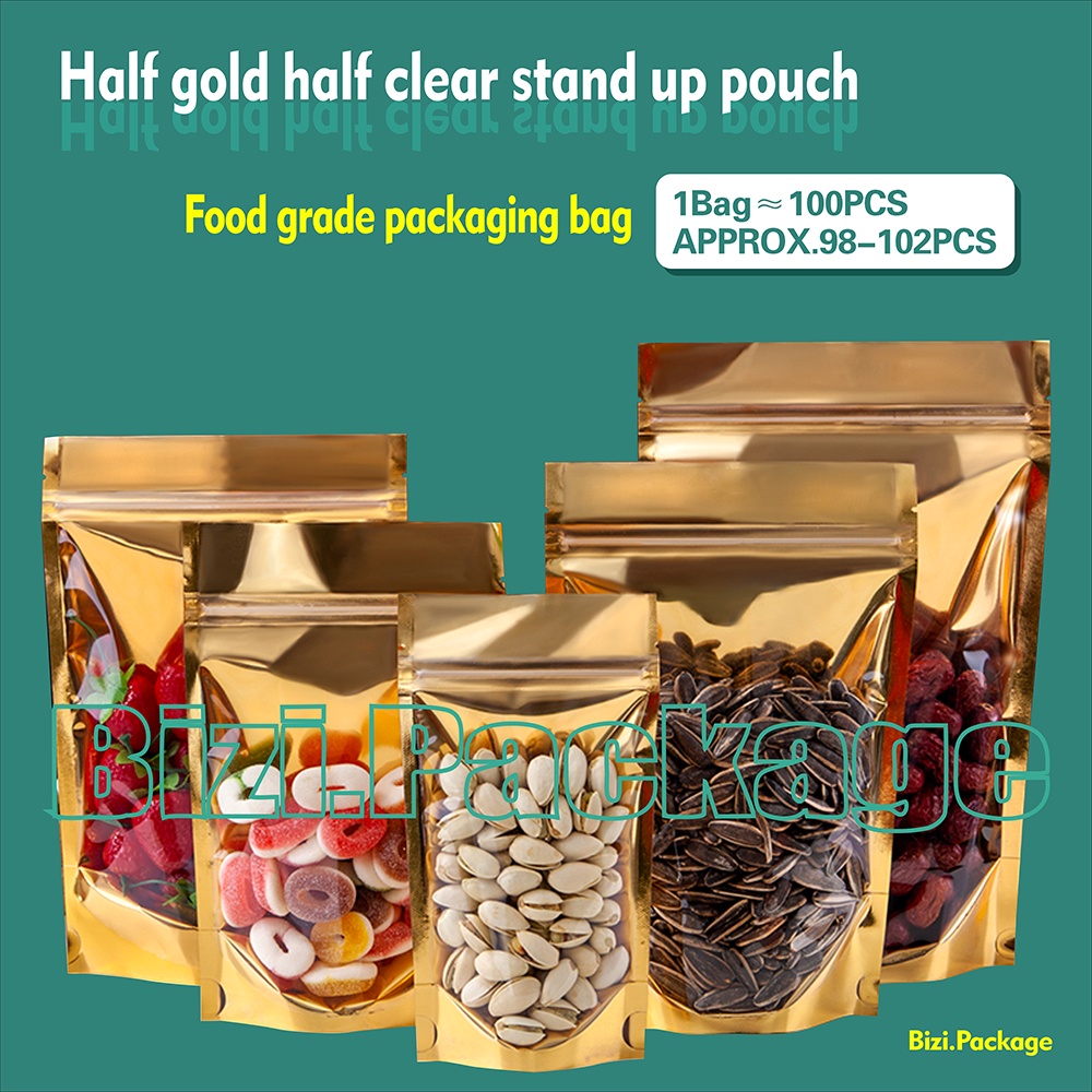 100PCS Food bag Half Gold Aluminum Half Clear Stand Up Pouch with Zip Lock Packaging Plastic ...