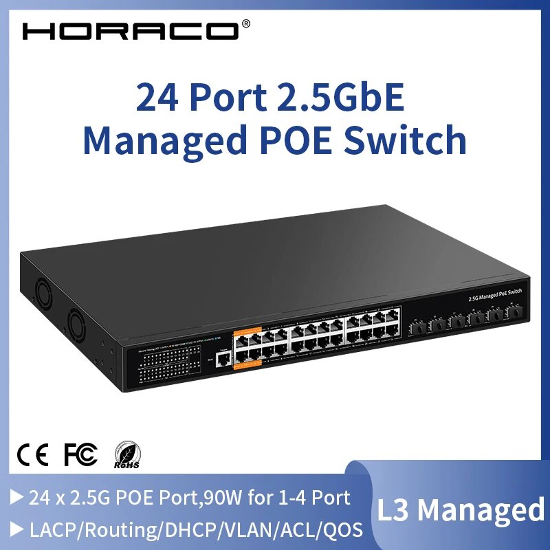 HORACO 2.5G PoE Switch 24 Port L3 Managed 2500Mbps 6 Port 10G SFP+ Slot ...