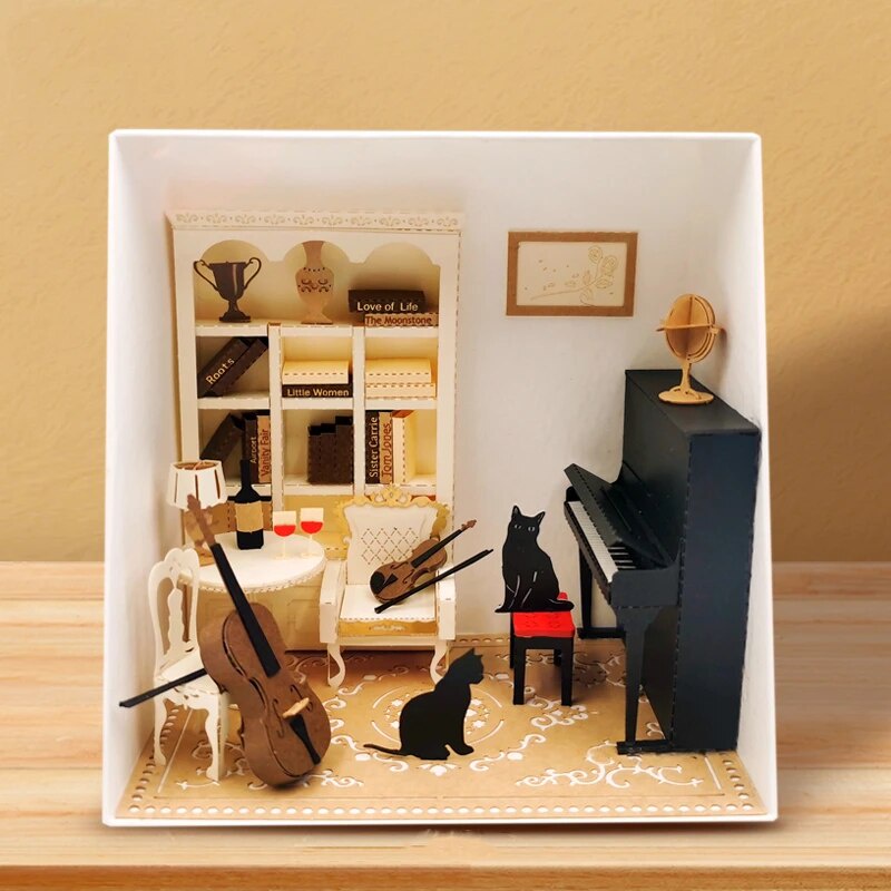 ۩DIY Mini Paper Doll Houses Miniature Building Kits Study Room Music ...