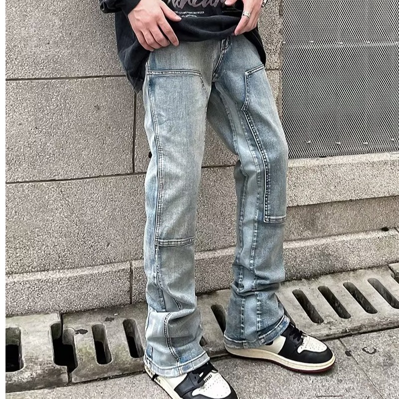 High street luxury flare splice design jeans men style dirty mud wash ...