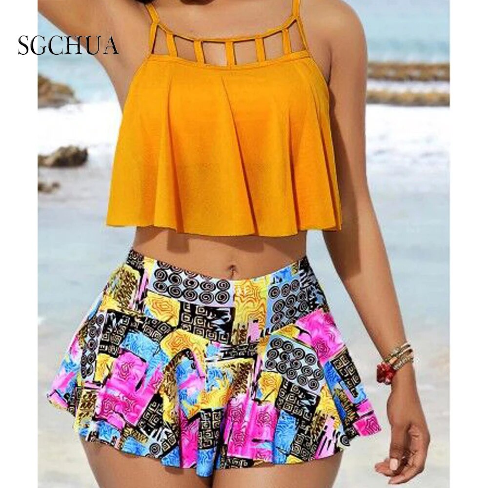 Sexy Solid Mesh Ruffled Two-Piece Swimsuit Push Up Bathing Suit High ...