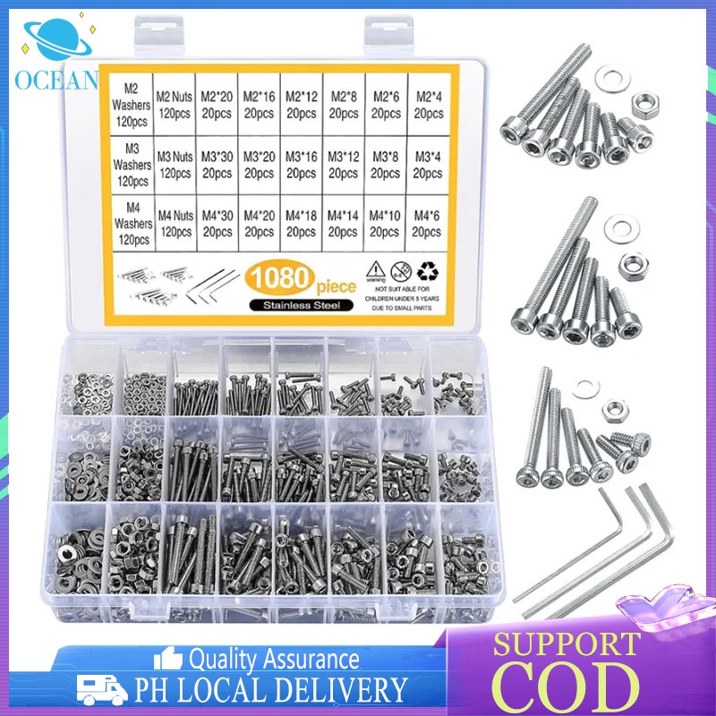 1080PCS Nuts and Bolts Set 304 Stainless Steel M2 M3 M4 Flat Head Hex ...