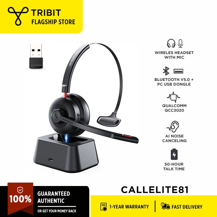 Tribit CallElite81 Bluetooth 5.0 Wireless Headset with Microphone ...