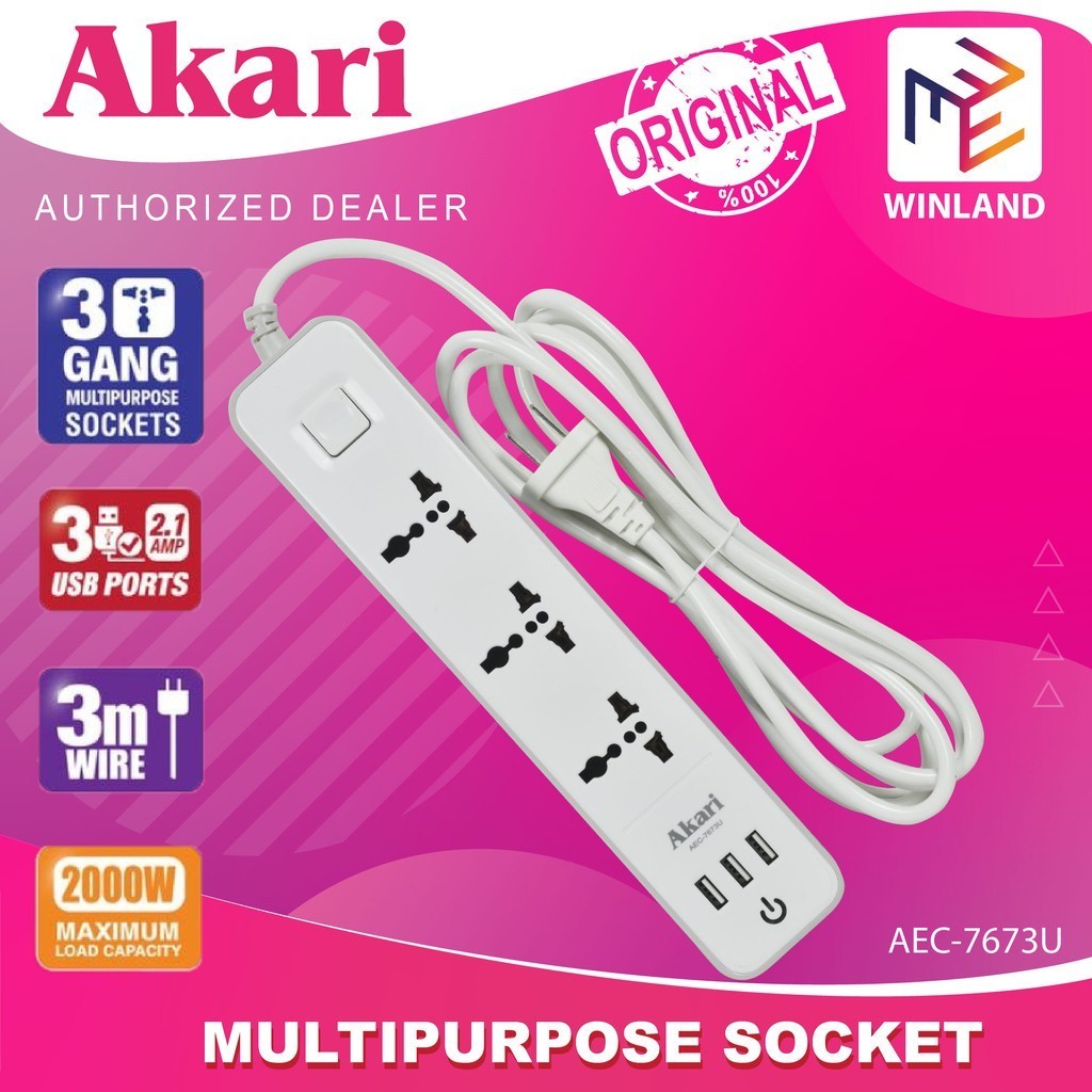 Akari by Winland 3 Gang Multipurpose Sockets w/ 3 Gang USB Port Power Extension Cord AEC-7673U ...