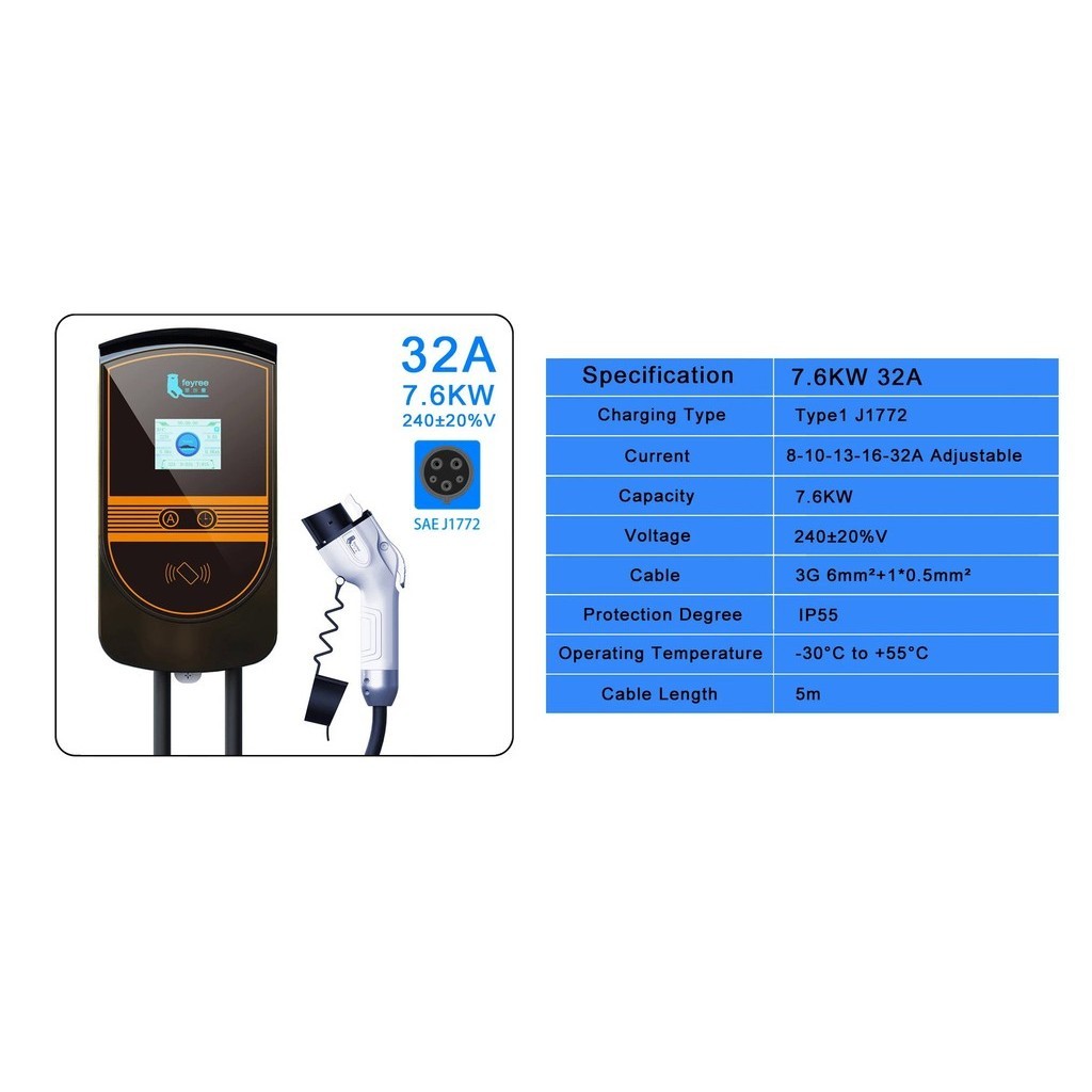 feyree EVSE Wallbox J1772 Adapter Type1 Cable 32A 7.6KW EV Charger ...