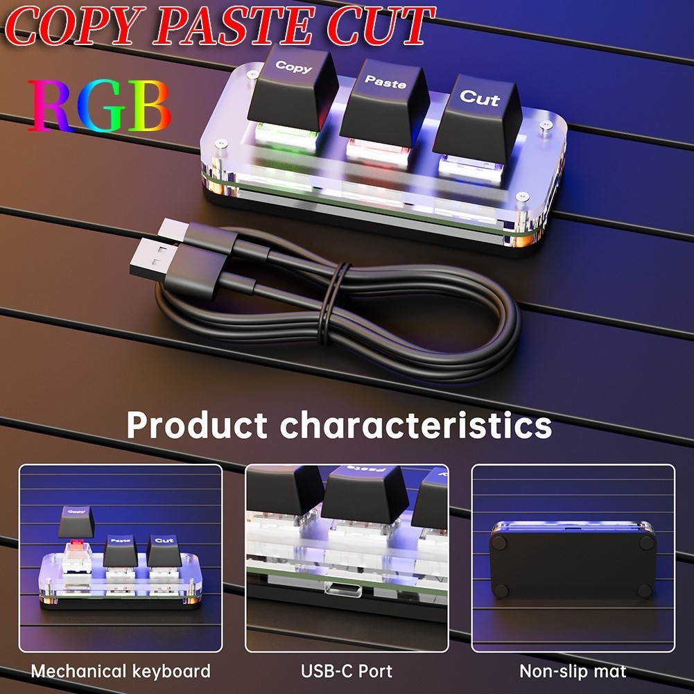 ☾RGB Ctrl X C V Shortcut One Handed Keyboard 3-Key Gaming Keypad USB ...