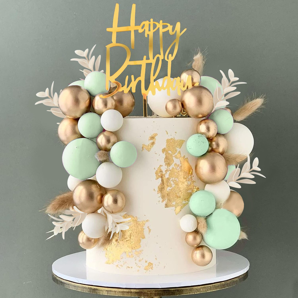 47Pcs Green Balls Cake Topper Boho Grass Cake topper Green White Gold ...