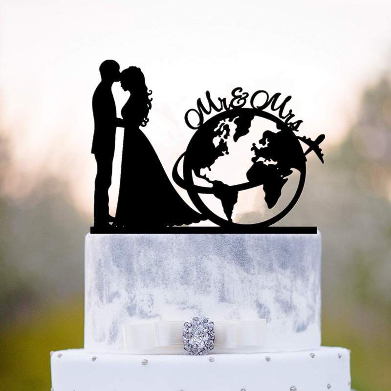 ♛World Map Travel Theme Wedding Cake Topper Bride and Groom Mr Mrs Cake ...
