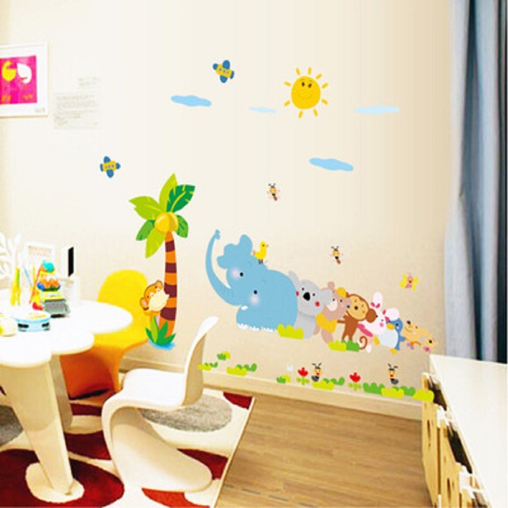 Kindergarten School Classroom Coconut Trees Cartoon animals elephants ...