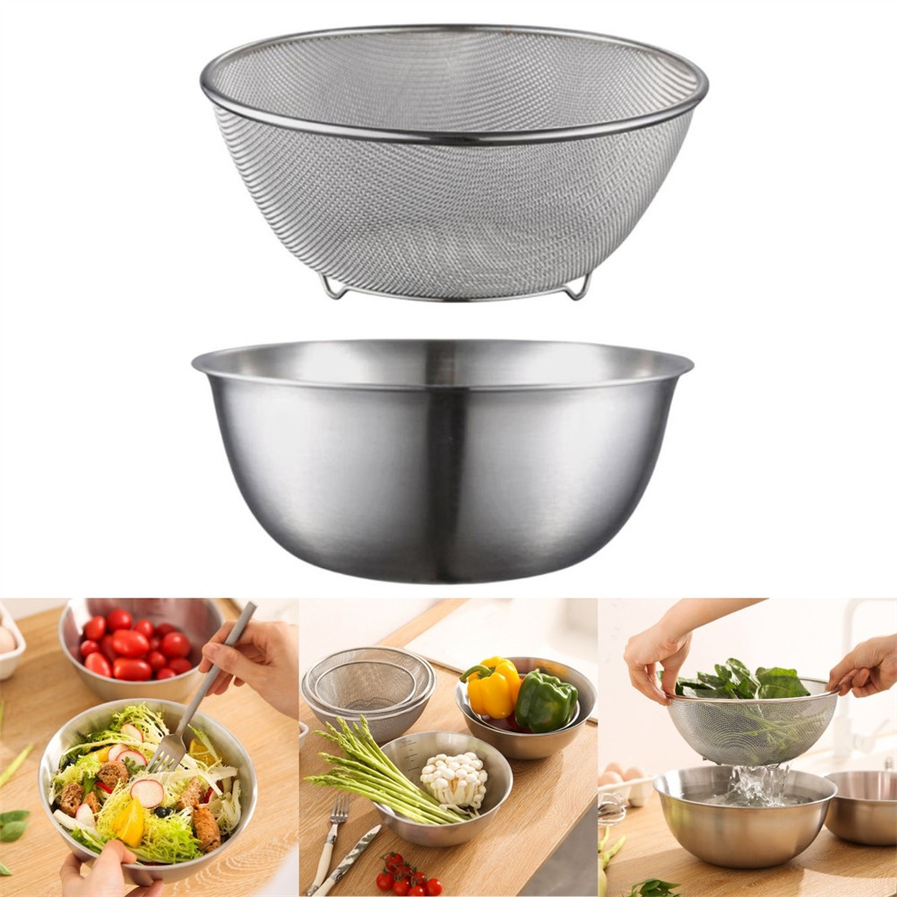 1pc Stainless Steel Mixing Bowls With Net Strainer Set Soup Basin Mesh ...
