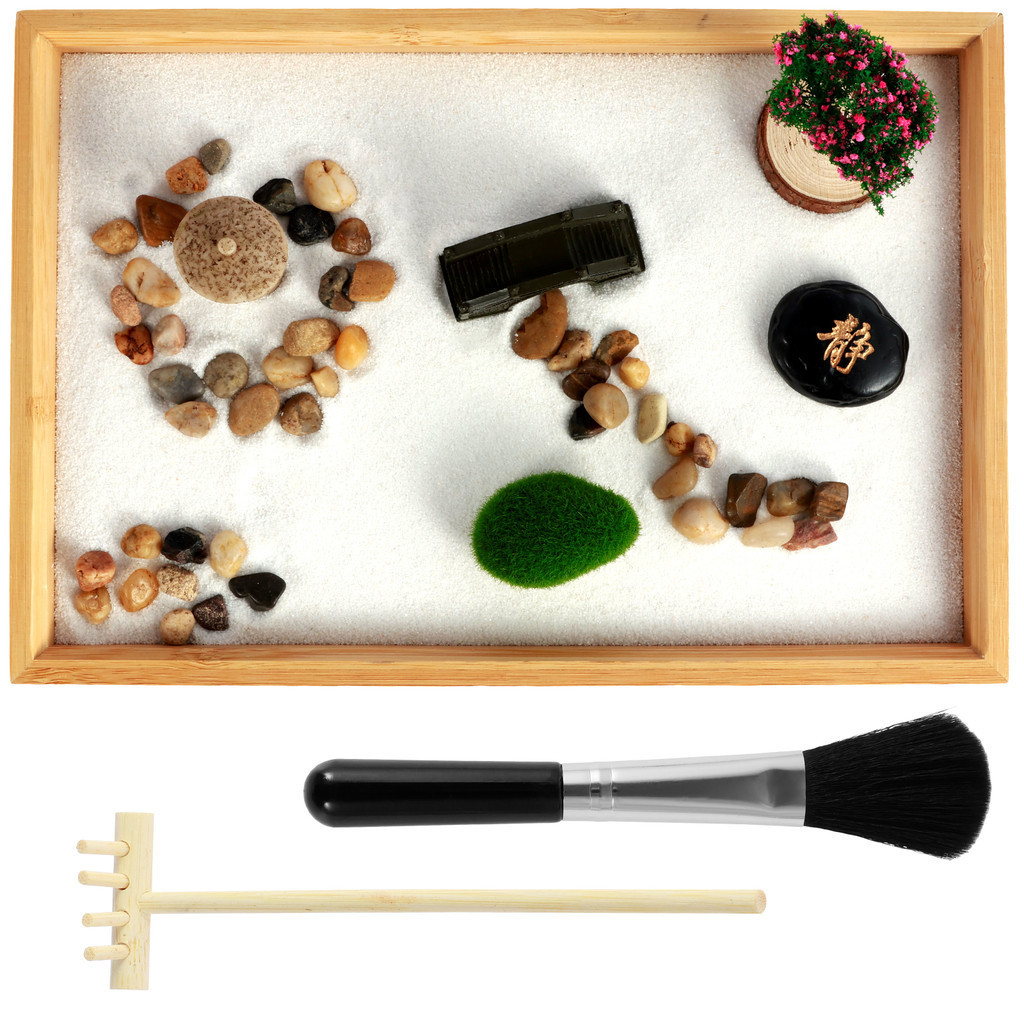 Japanese Zen Garden Sand Table Miniature Sand Pebbles Rake Tools Tray ...